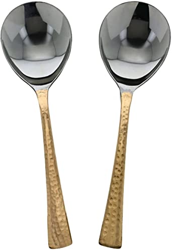 VAKRATUNDA KITCHENWARES Copper Serving Spoon with Hammer Handle, Table Spoon for Kitchen, Dinnerware, Serve ware, Non-Slip Heat Resistant Copper Cooking Tools for Modern Kitchen, Set of 2, 8"