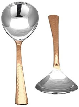 VAKRATUNDA KITCHENWARES Copper Serving Spoon with Hammer Handle, Table Spoon for Kitchen, Dinnerware, Serve ware, Non-Slip Heat Resistant Copper Cooking Tools for Modern Kitchen, Set of 2, 8"