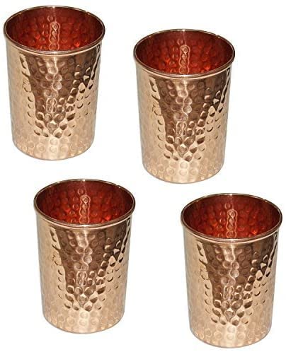 VAKRATUNDA KITCHENWARES Set of 4 Authentic Hammered Copper Drinking Glasses Tumblers, Aesthetic Vintage Design, Carry-Friendly Copper Glasses With Large Water Holding Capacity