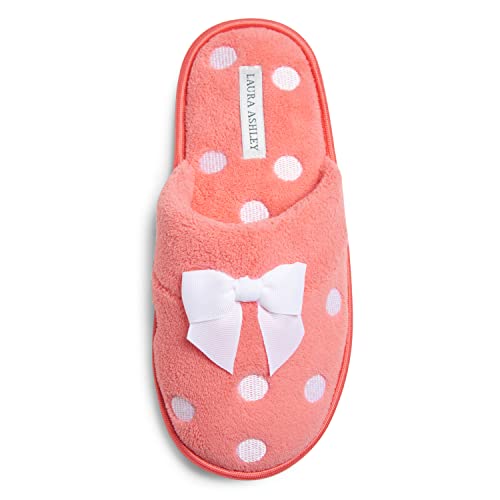 Laura Ashley Women's Embroidered Polka Dot Micro Terry Scuff Slippers with Bow Details | Soft and Warm House Slippers with Cushioned Insole for Ladies