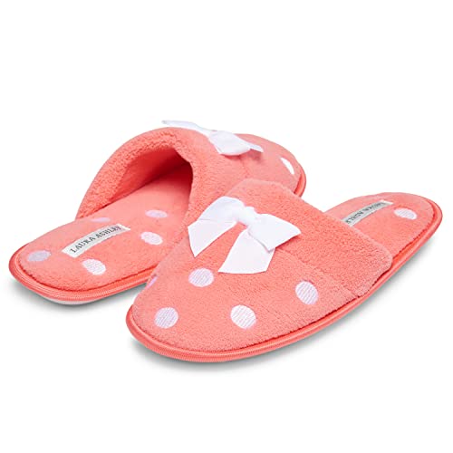 Laura Ashley Women's Embroidered Polka Dot Micro Terry Scuff Slippers with Bow Details | Soft and Warm House Slippers with Cushioned Insole for Ladies