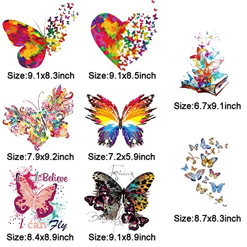 8 Large Sheets Colorful Butterfly Iron on Stickers Patches Cute Flying Animal Heat Transfer Stickers Decals DIY T-Shirt Jeans Backpacks Families Clothing Hat Decoration Applique