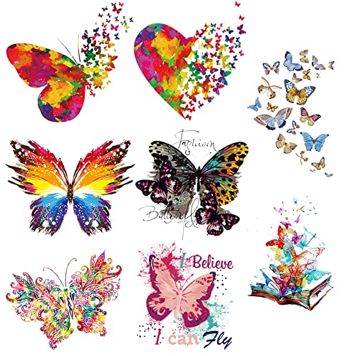 8 Large Sheets Colorful Butterfly Iron on Stickers Patches Cute Flying Animal Heat Transfer Stickers Decals DIY T-Shirt Jeans Backpacks Families Clothing Hat Decoration Applique