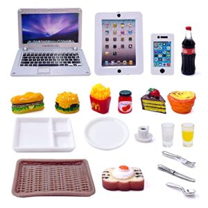 20pcs miniature laptop computer tablet toy phone pad and hamburger fries cola fast food cake coffee juice fits barbie doll accessories scale dollhouse playsets girl mini drink food party