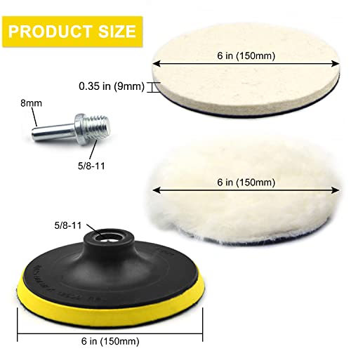 6 Inch Buffing Wool Pads 8PCS Kit, Felt Polishing Pad Buffing Wheel for Drill Woolen Wax Pad and 5/8''-11 Thread Hook & Loop Backer Plate with Drill Adapter for Car Boat Polish, Waxing, Sealing, Glaze