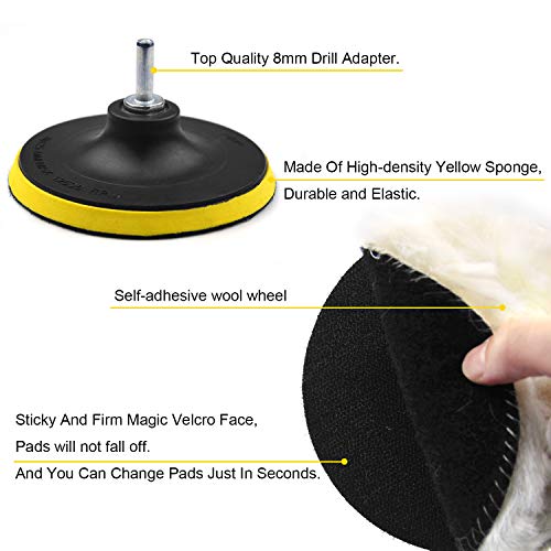 6 Inch Buffing Wool Pads 8PCS Kit, Felt Polishing Pad Buffing Wheel for Drill Woolen Wax Pad and 5/8''-11 Thread Hook & Loop Backer Plate with Drill Adapter for Car Boat Polish, Waxing, Sealing, Glaze