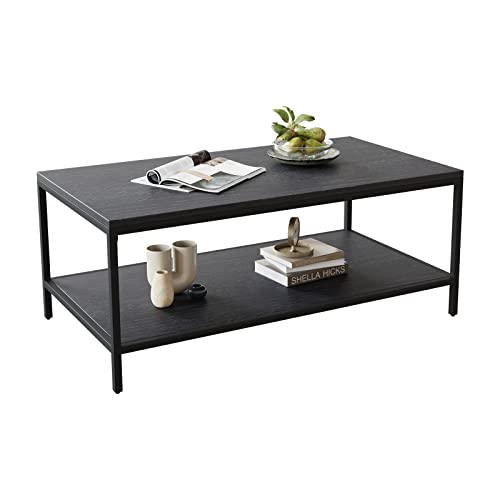 Novilla Modern Coffee Table with Storage Shelf Metal Frame for Living Room 43" Wood Tabletop Tea Table Cocktail Table,Easy Assembly, Black