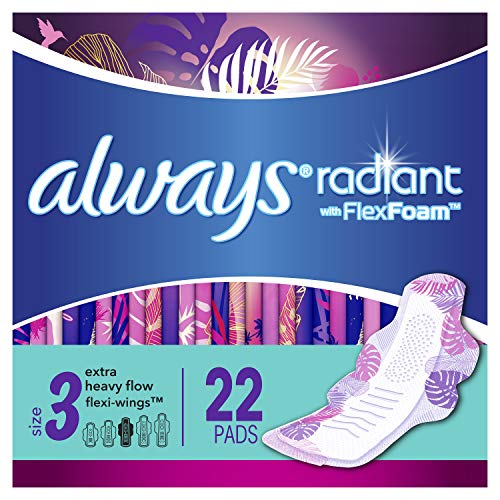 Always Radiant Pads, Size 3, Extra Heavy Flow Absorbency, Scented, 22 Count (Pack of 2)