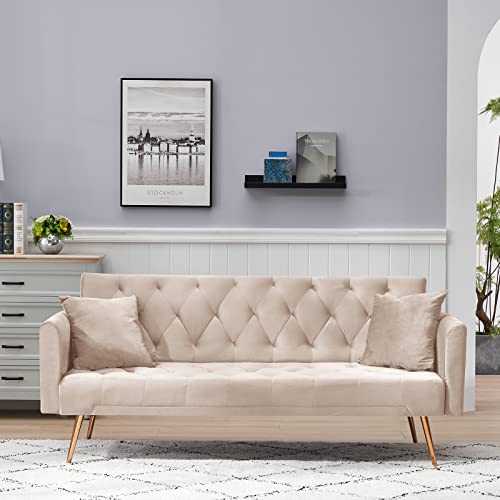 KINFFICT Velvet Futon Sofa Bed with 2 Pillows, Convertible Sleeper Sofa Couch with 3 Angle Adjustable Backrest, Modern Loveseat with 4 Golden Metal Legs for Living Room and Bedroom (Beige)