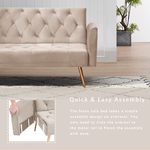 KINFFICT Velvet Futon Sofa Bed with 2 Pillows, Convertible Sleeper Sofa Couch with 3 Angle Adjustable Backrest, Modern Loveseat with 4 Golden Metal Legs for Living Room and Bedroom (Beige)