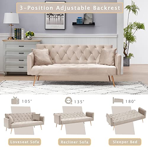 KINFFICT Velvet Futon Sofa Bed with 2 Pillows, Convertible Sleeper Sofa Couch with 3 Angle Adjustable Backrest, Modern Loveseat with 4 Golden Metal Legs for Living Room and Bedroom (Beige)