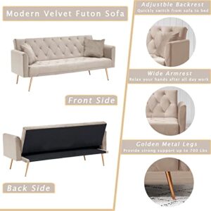 KINFFICT Velvet Futon Sofa Bed with 2 Pillows, Convertible Sleeper Sofa Couch with 3 Angle Adjustable Backrest, Modern Loveseat with 4 Golden Metal Legs for Living Room and Bedroom (Beige)