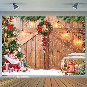 cylyh 7x5ft christmas barn wood door photography backdrop xmas tree snow gift wall floor party photo background for holiday new year party banner family holiday party supplies d554