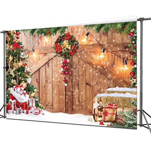 CYLYH 7x5FT Christmas Barn Wood Door Photography Backdrop Xmas Tree Snow Gift Wall Floor Party Photo Background for Holiday New Year Party Banner Family Holiday Party Supplies D554