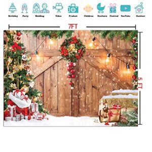 CYLYH 7x5FT Christmas Barn Wood Door Photography Backdrop Xmas Tree Snow Gift Wall Floor Party Photo Background for Holiday New Year Party Banner Family Holiday Party Supplies D554