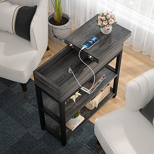 Aheaplus Sofa Side Table with USB Ports and Outlets, Narrow End Table Set of 2 with Charging Station, Bedside Nightstand with Storage Shelves, Slim Side Table，Black Oak