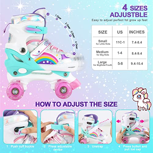 Girls Roller Skates for Kids Toddler Child Beginners, Adjustable 4 Sizes Roller Skates for Adult and Youth with All Light Up Wheels, patines para niñas for Outdoor Indoor , Small