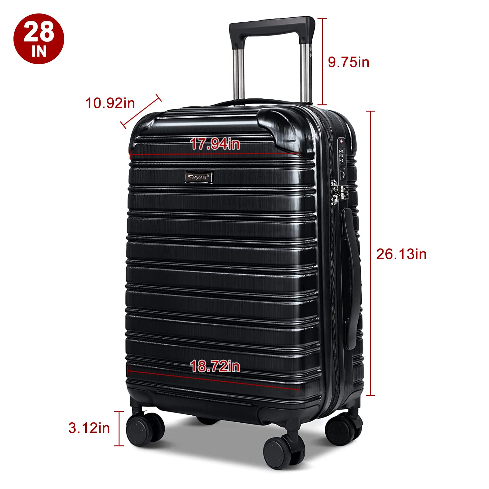 Feybaul Luggage Suitcase PC+ABS with TSA Lock Expandable Hardshell Carry On Luggage with Spinner Wheels 20in 24in 28in, Black 28 in , L(28 Inch Expandable Luggage), 968