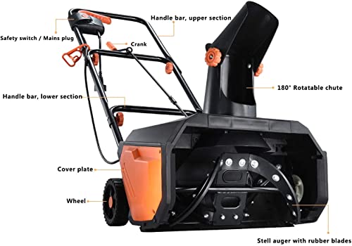 Snow Thrower, 18 Inch Electric Snow Blower, Overload Protection, 13 Amp, Steel Auger, 180° Rotatable Chute, Black & Orange a03