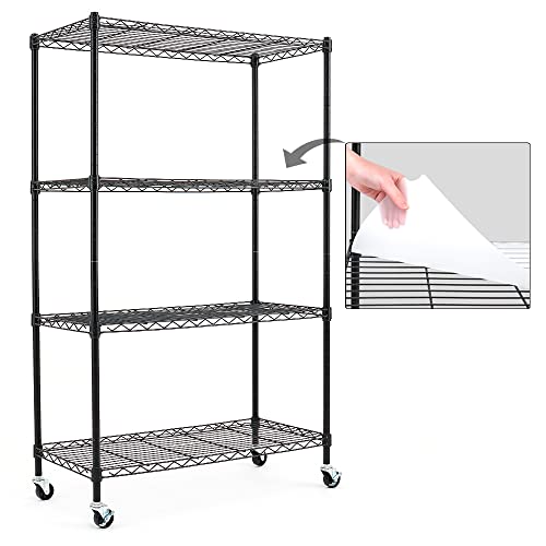 EZPEAKS 4-Shelf Shelving Units and Storage on Wheels with Shelf Liners Set of 4, NSF Certified, Adjustable Carbon Steel Wire Shelving Unit Rack for Garage, Kitchen, Office, Black (50H X 30W X 14D)