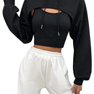 SweatyRocks Women's 2 Piece Outfits Long Sleeve Pullover Crop Top Sweatshirts Hoodie And Cami Tank Top Set Black M