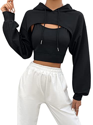 SweatyRocks Women's 2 Piece Outfits Long Sleeve Pullover Crop Top Sweatshirts Hoodie And Cami Tank Top Set Black M