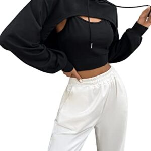 SweatyRocks Women's 2 Piece Outfits Long Sleeve Pullover Crop Top Sweatshirts Hoodie And Cami Tank Top Set Black M