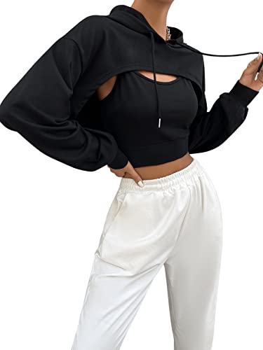 SweatyRocks Women's 2 Piece Outfits Long Sleeve Pullover Crop Top Sweatshirts Hoodie And Cami Tank Top Set Black M