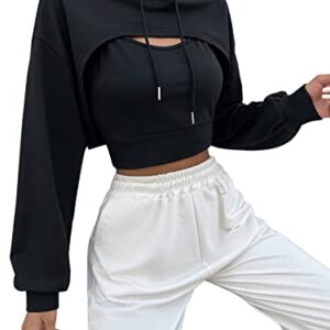 SweatyRocks Women's 2 Piece Outfits Long Sleeve Pullover Crop Top Sweatshirts Hoodie And Cami Tank Top Set Black M