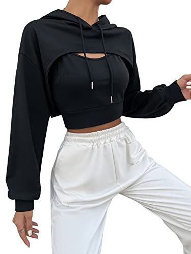 SweatyRocks Women's 2 Piece Outfits Long Sleeve Pullover Crop Top Sweatshirts Hoodie And Cami Tank Top Set Black M