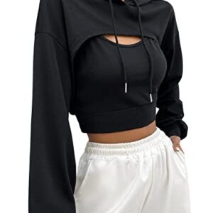 SweatyRocks Women's 2 Piece Outfits Long Sleeve Pullover Crop Top Sweatshirts Hoodie And Cami Tank Top Set Black M