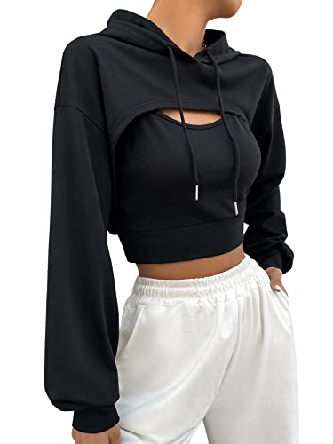 SweatyRocks Women's 2 Piece Outfits Long Sleeve Pullover Crop Top Sweatshirts Hoodie And Cami Tank Top Set Black M