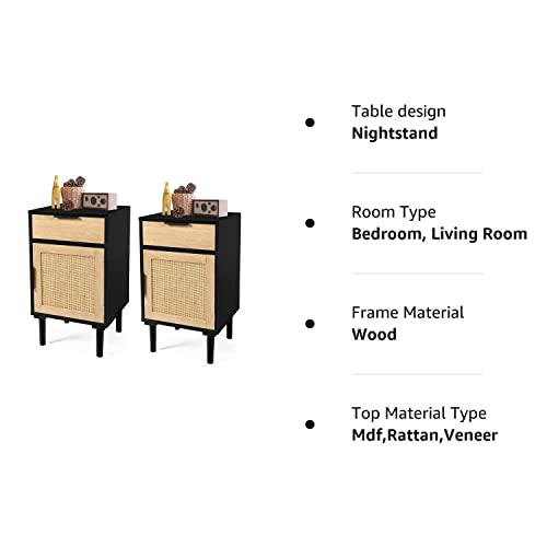 LAZZO Set of 2 Tall Nightstands Wooden Night Stands with Drawer and Shelf Storage Cabinet Home Bedside Table for Bedroom (Drawer+Rattan Cabinet Door)