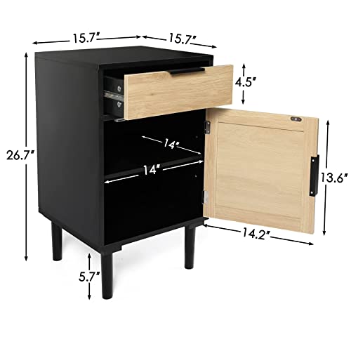 LAZZO Set of 2 Tall Nightstands Wooden Night Stands with Drawer and Shelf Storage Cabinet Home Bedside Table for Bedroom (Drawer+Rattan Cabinet Door)