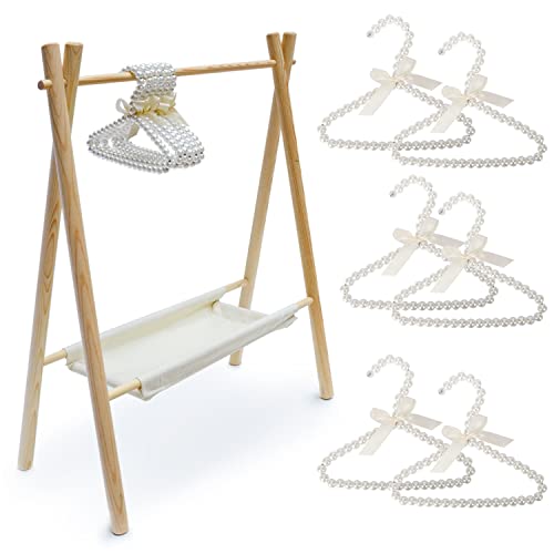 awagas Dress Up Storage, Small Clothes Rack, Baby Clothes Rack, Baby Clothing Rack, Kids Clothing Rack with Storage Shelf, Pet Clothes Rack, Garment Rack with 6Pcs Pearl Hangers for Baby Pets Dolls