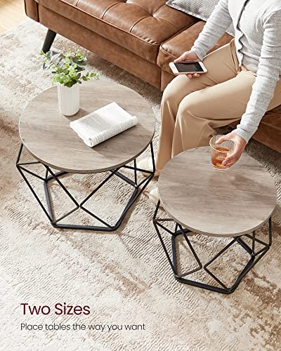 VASAGLE Small Coffee Table Set of 2, Round Coffee Table with Steel Frame, Side End Table for Living Room, Bedroom, Office, Greige and Black