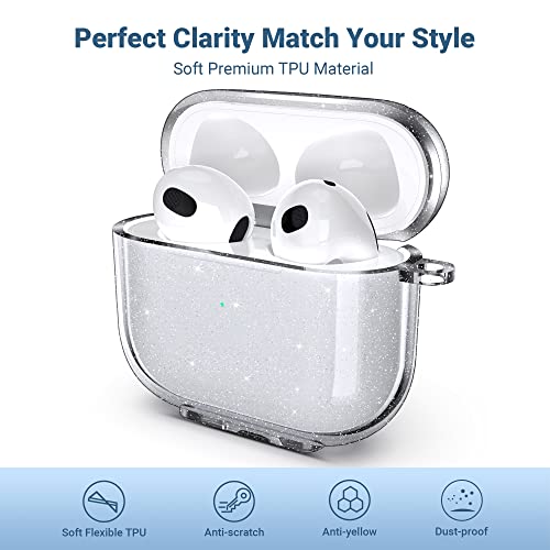 ULAK Compatible with AirPods 3 Case, Clear Glitter Shockproof Transparent Designed Soft TPU Protective Cover with Keychain for AirPods 3rd Generation 2021 [Front Led Visible], Glitter