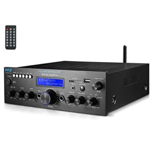 pyle compact bluetooth stereo amplifier - 200 watt desktop audio power amp receiver with fm radio, mp3/usb/sd readers, digital lcd display, microphone input - pyle pda612bu