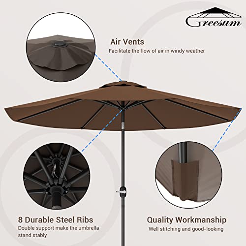 Greesum Patio Umbrella, Outdoor Market Table Parasol with Push Button Tilt, Crank and 8 Sturdy Ribs for Garden, Lawn Backyard & Pool, Brown