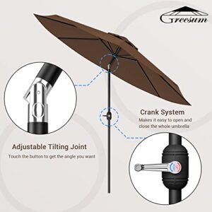 Greesum Patio Umbrella, Outdoor Market Table Parasol with Push Button Tilt, Crank and 8 Sturdy Ribs for Garden, Lawn Backyard & Pool, Brown