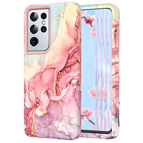 Btscase for Galaxy S21 Ultra Case, Marble Pattern 3 in 1 Heavy Duty Shockproof Full Body Rugged Hard PC+Soft Silicone Drop Protective Women Girl Covers for Samsung Galaxy S21 Ultra 6.8 inch, Rose Gold