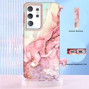 Btscase for Galaxy S21 Ultra Case, Marble Pattern 3 in 1 Heavy Duty Shockproof Full Body Rugged Hard PC+Soft Silicone Drop Protective Women Girl Covers for Samsung Galaxy S21 Ultra 6.8 inch, Rose Gold