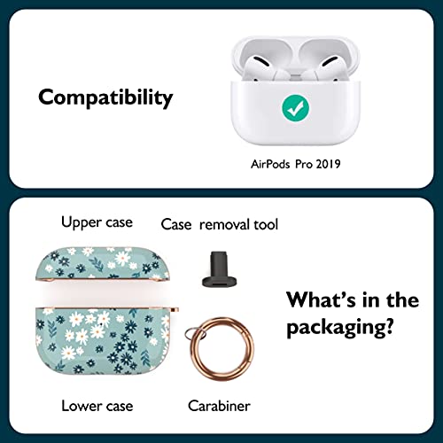 TATOFY Case Cover for AirPods Pro 2019,Stylish AirPods Pro Case for Women Girls, Flower Patterns Protective Hard Case with Clip (Cyan)