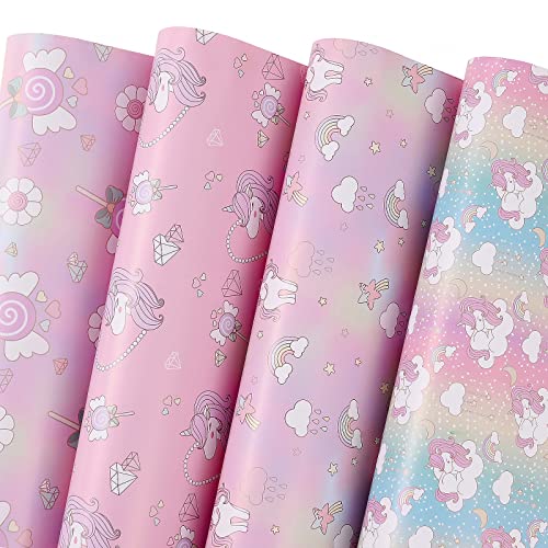 PlandRichW Unicorn Wrapping Paper Folded for Girls, Barbie, Women Birthday 4 Princess Pink Designs of Rainbow, Fairy Wand, Diamond, for Holidays Baby Shower 12 Sheets 20 × 29 Inches