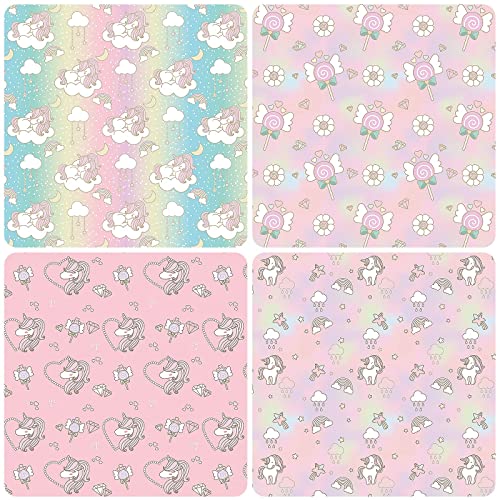 PlandRichW Unicorn Wrapping Paper Folded for Girls, Barbie, Women Birthday 4 Princess Pink Designs of Rainbow, Fairy Wand, Diamond, for Holidays Baby Shower 12 Sheets 20 × 29 Inches