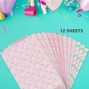 PlandRichW Unicorn Wrapping Paper Folded for Girls, Barbie, Women Birthday 4 Princess Pink Designs of Rainbow, Fairy Wand, Diamond, for Holidays Baby Shower 12 Sheets 20 × 29 Inches