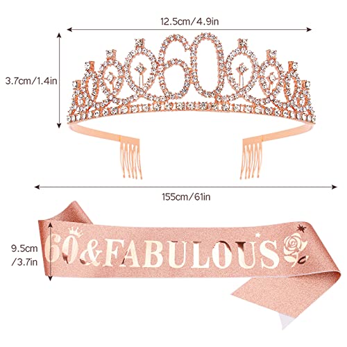 Casoty 60th Birthday Sash and Tiara for Women, 60th Birthday Decorations Women, Rose Gold 60th Crown and "60 & Fabulous" Sash Set, 60 Birthday Decorations for Women, 60th Birthday Gifts for Women