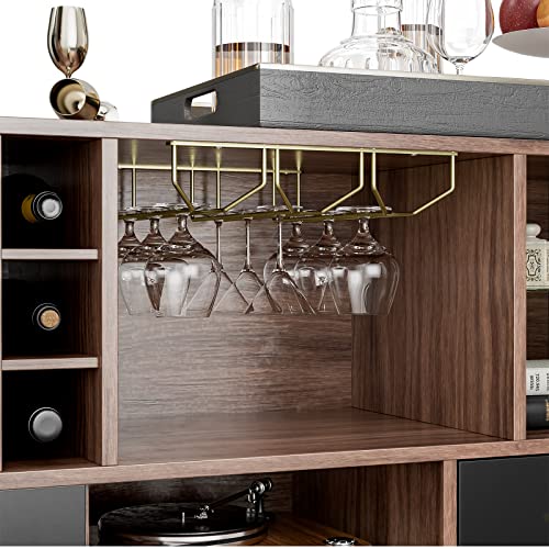 IKIFLY Accent Buffet Sideboard with Storage, Wood Cabinet Server Cupboard with 12 Wine Bottle Rack, Stemware Holder and Drawers, Console Table for Kitchen Living Room, 47 Inch - Walnut/Black