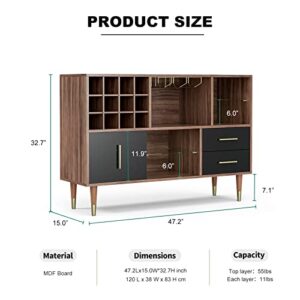 IKIFLY Accent Buffet Sideboard with Storage, Wood Cabinet Server Cupboard with 12 Wine Bottle Rack, Stemware Holder and Drawers, Console Table for Kitchen Living Room, 47 Inch - Walnut/Black