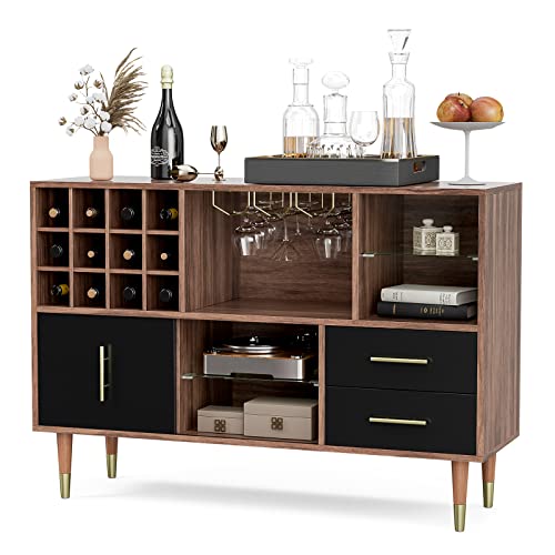 IKIFLY Accent Buffet Sideboard with Storage, Wood Cabinet Server Cupboard with 12 Wine Bottle Rack, Stemware Holder and Drawers, Console Table for Kitchen Living Room, 47 Inch - Walnut/Black